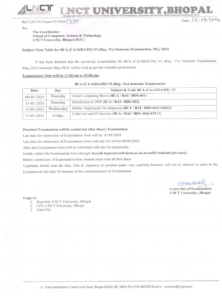 Bca (CA, Aida &DS) Vi Sem Time Table | PDF