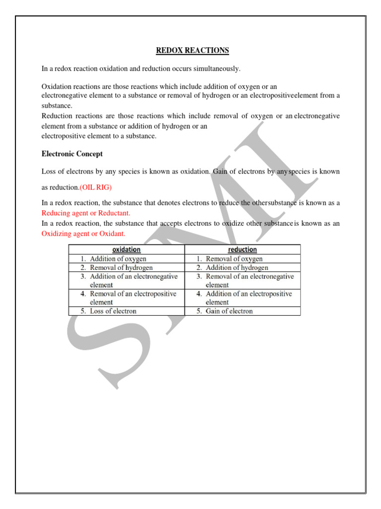 Redox Reactions Notes Pdf Redox Chemical Reactions