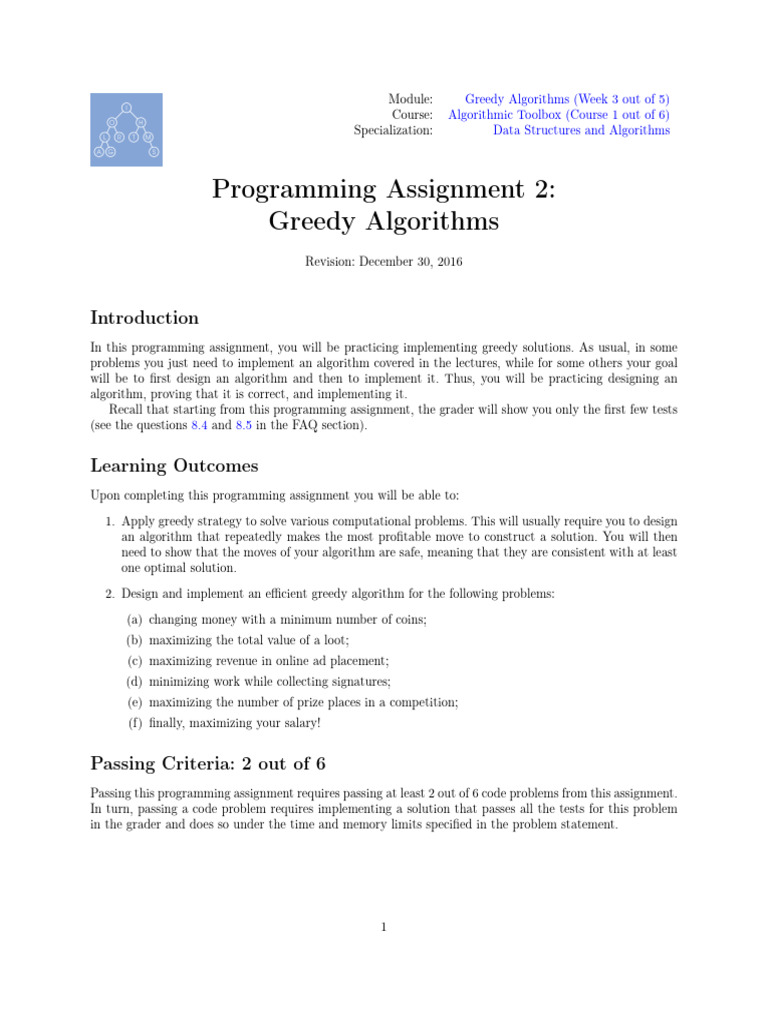 Greedy Algorithms Programming Assignment | PDF | Computer Program | Programming