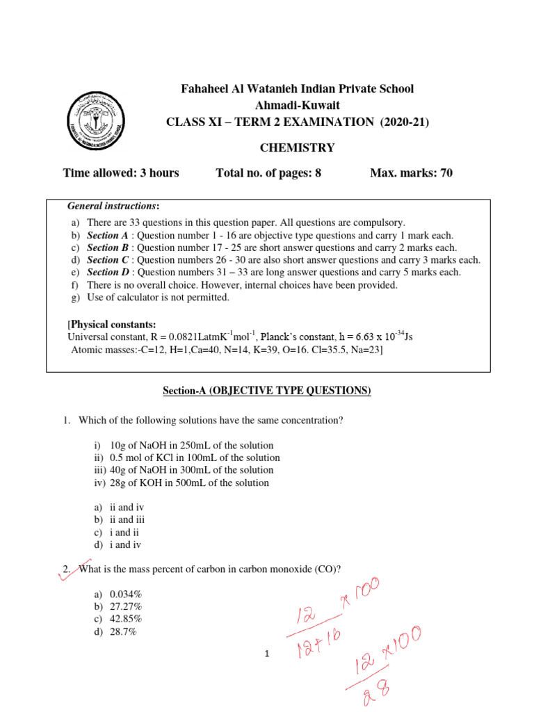 Class 11 CHEMISTRY - Term2 Exam Question Paper (1) - 2020-21 2 | PDF | Chemical Bond | Chemical ...