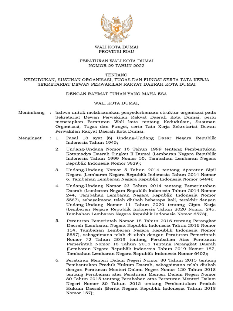 Perwa Nomor 29 Tahun 2022 Tentang Kedudukan, Susunan Organisasi, Tusi ...