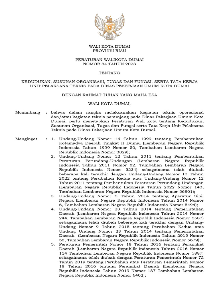 Perwa Nomor 84 Tahun 2023 Tentang Kedudukan, Susunan Organisasi, Tusi ...