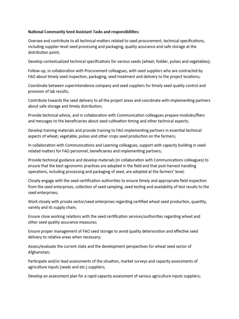 National Community Seed Assistant Tasks and Responsibilities | PDF ...