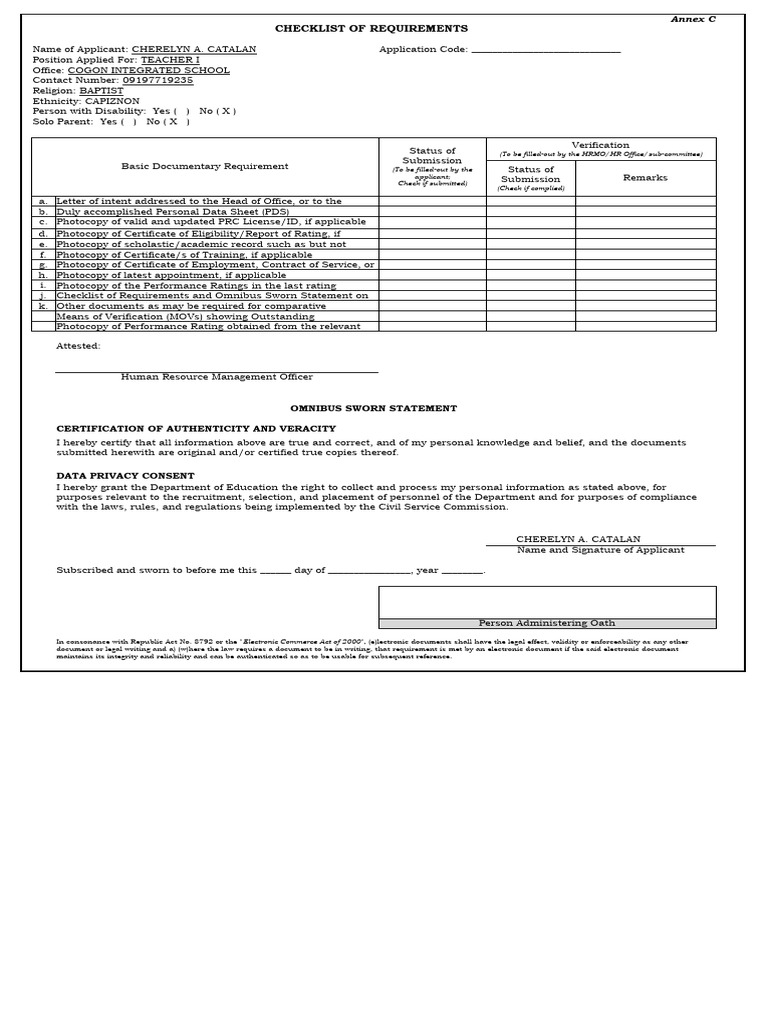 Annex C Checklist for Teacher I Application | PDF | Authentication