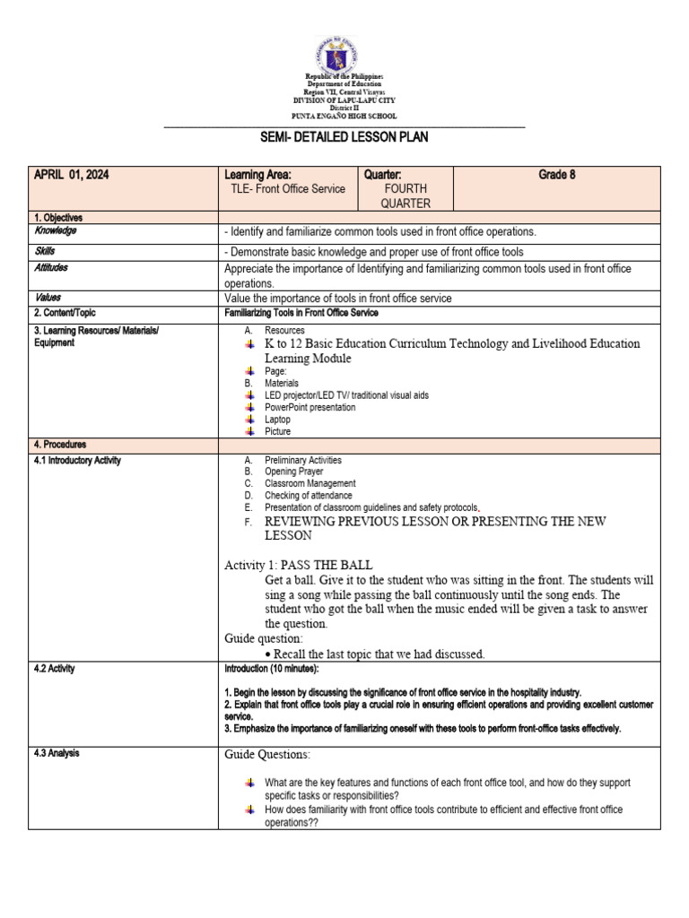 Lesson Plan Week 1 Tools APRIL 1-5 FOS8 | PDF | Lesson Plan | Reading ...