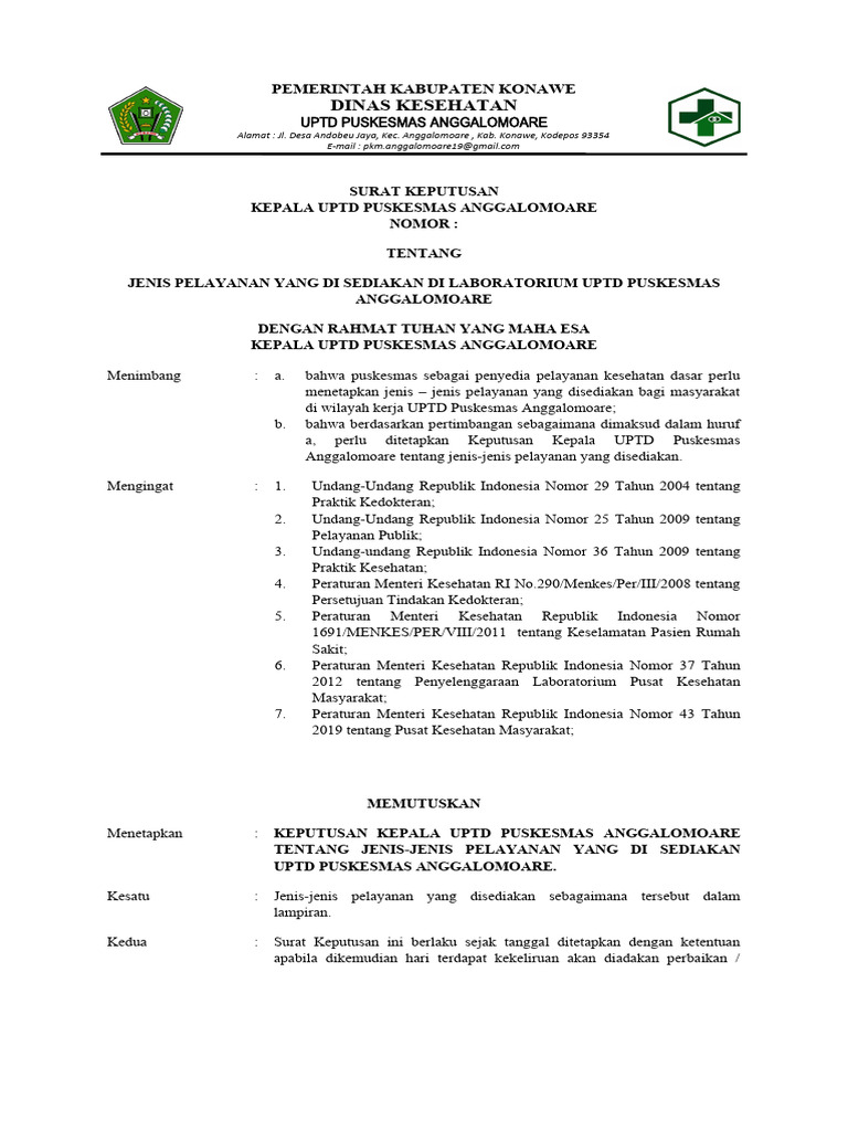 SK Jenis-Jenis Pelayanan Yang Di Sediakan Uptd Puskesmas Anggalomoare | PDF