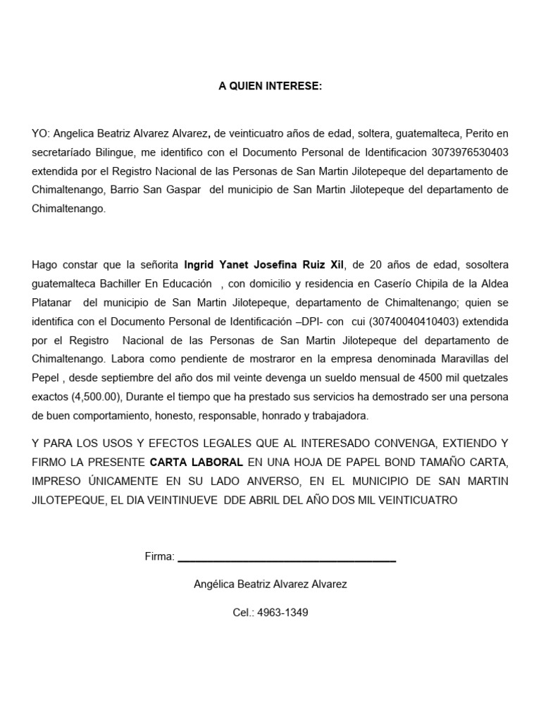Carta Laboral de Ingrid Ruiz Xil | PDF