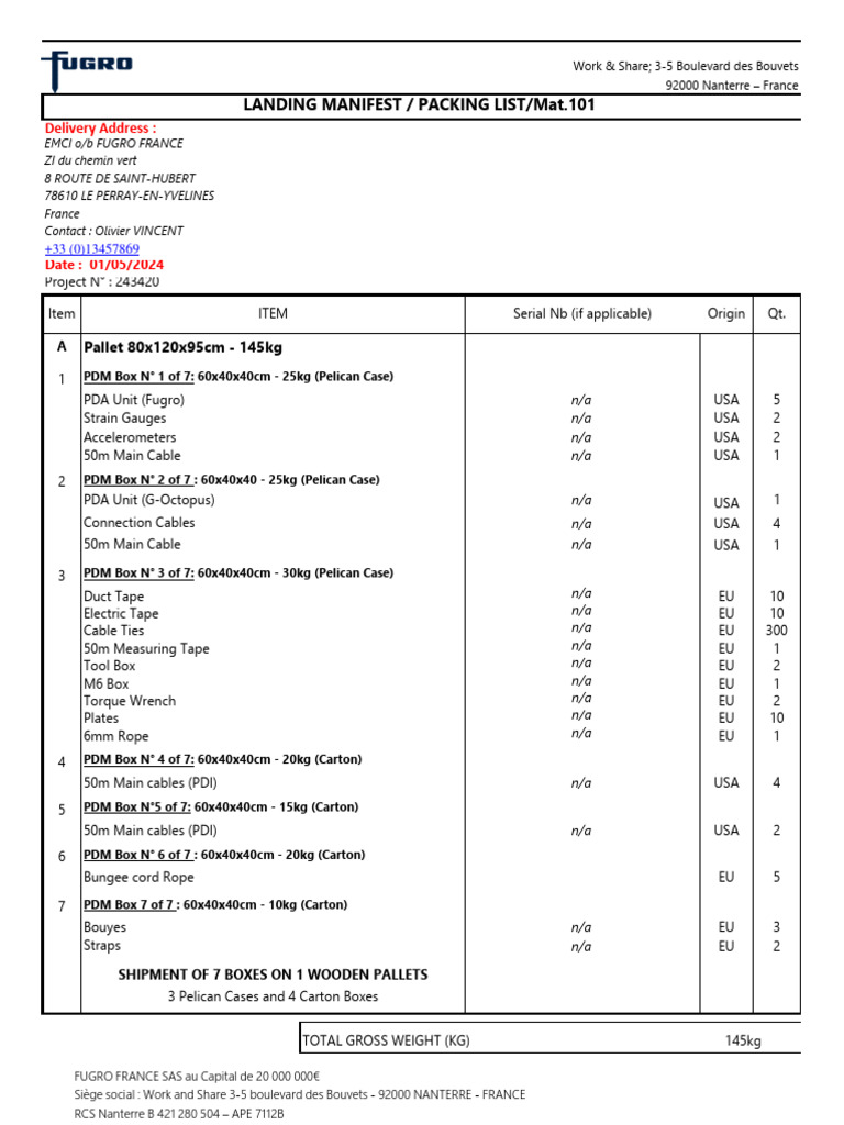 Inv Mat.101 - Fugro Landing Manifest | PDF | Manufactured Goods