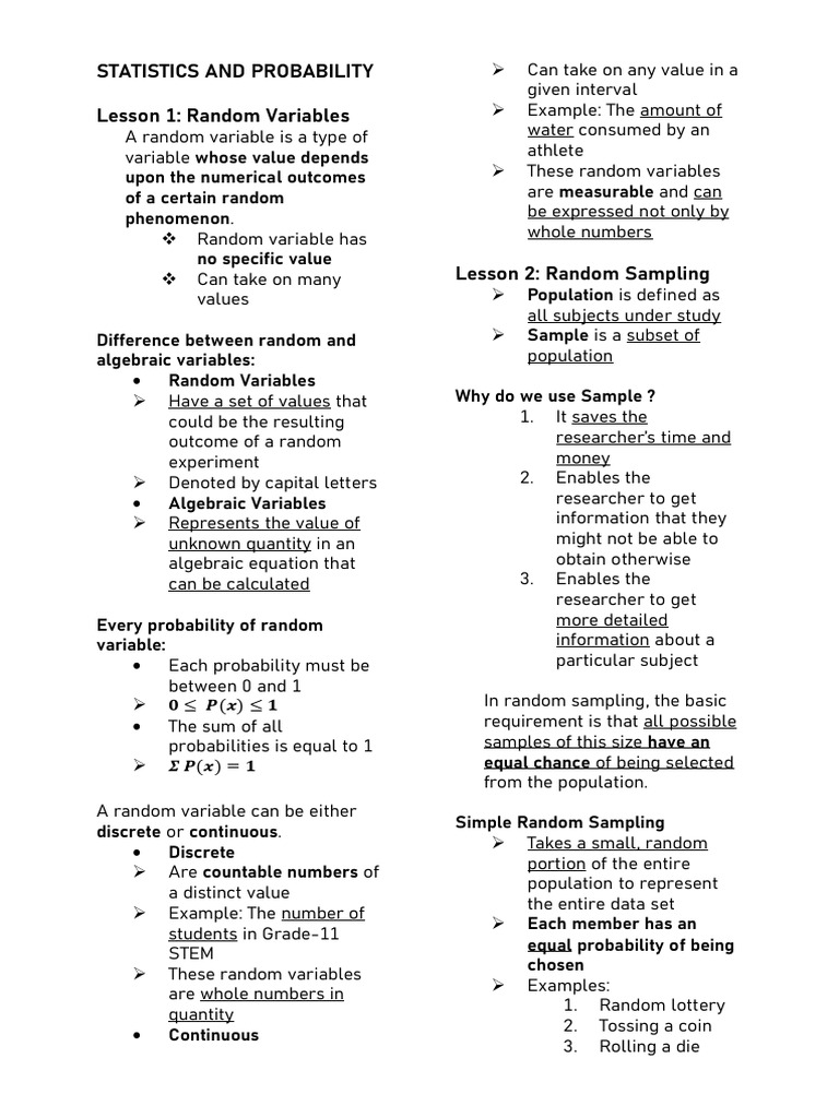 Stats And Prob Reviewer Grade 11 Stem Pdf Confidence Interval Random Variable