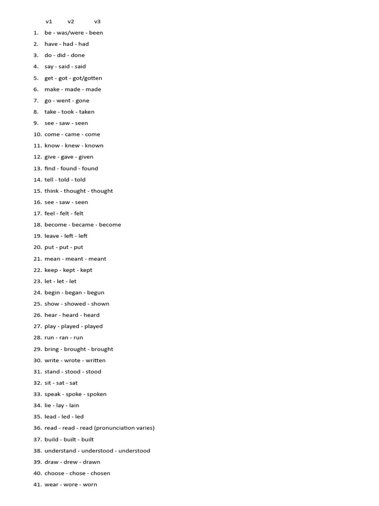 Irregular Verbs: V1, V2, V3 Table | PDF