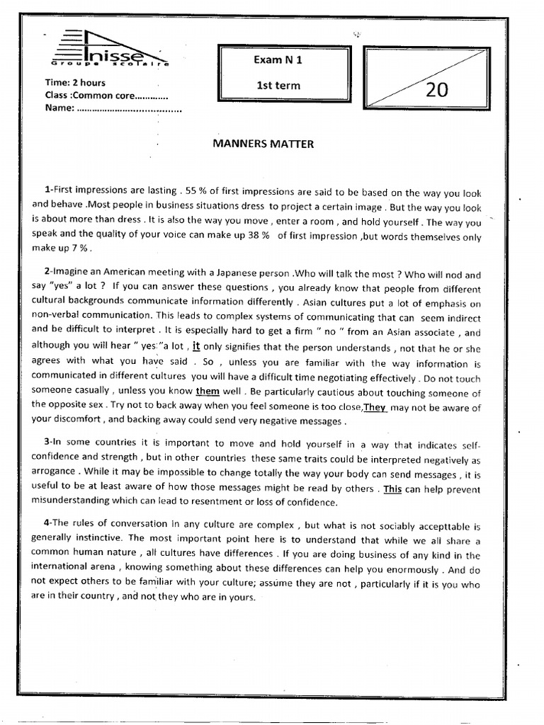 Test 1 Model 4 English Common Core First Term | PDF