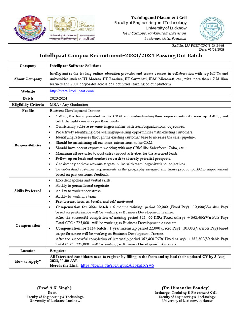 08 Intellipaat Campus Recruitment-2023-2024 Passing Out Batch | PDF | Customer Relationship ...