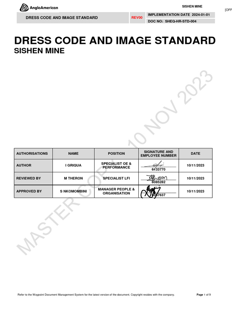 Sishen Mine Dress Code and Image Standard - SHEQ-HR-STD-004 | PDF ...