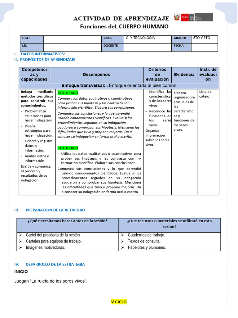 2 de Abril - C y T - Funciones Del Cuerpo Humano - V Ciclo | PDF ...