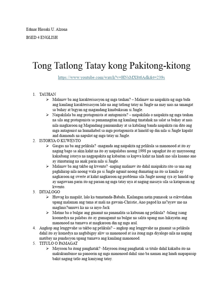 Alzona-Tong Tatlong Tatay Kong Pakitoong Kitong | PDF