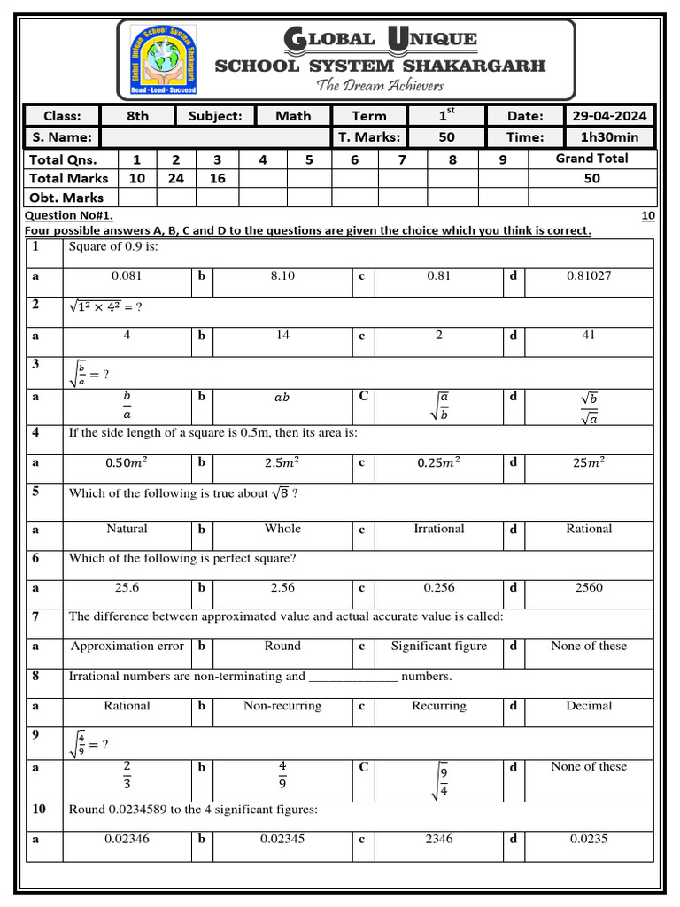 Class 8 Maths 1st Term Paper 2024 | PDF | Square Root | Ratio