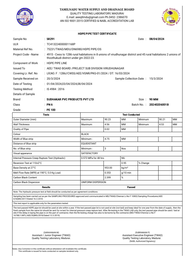 TWAD - Hdpe Certificate - 75231 Sudhakar 90mm | PDF | Pipe (Fluid ...