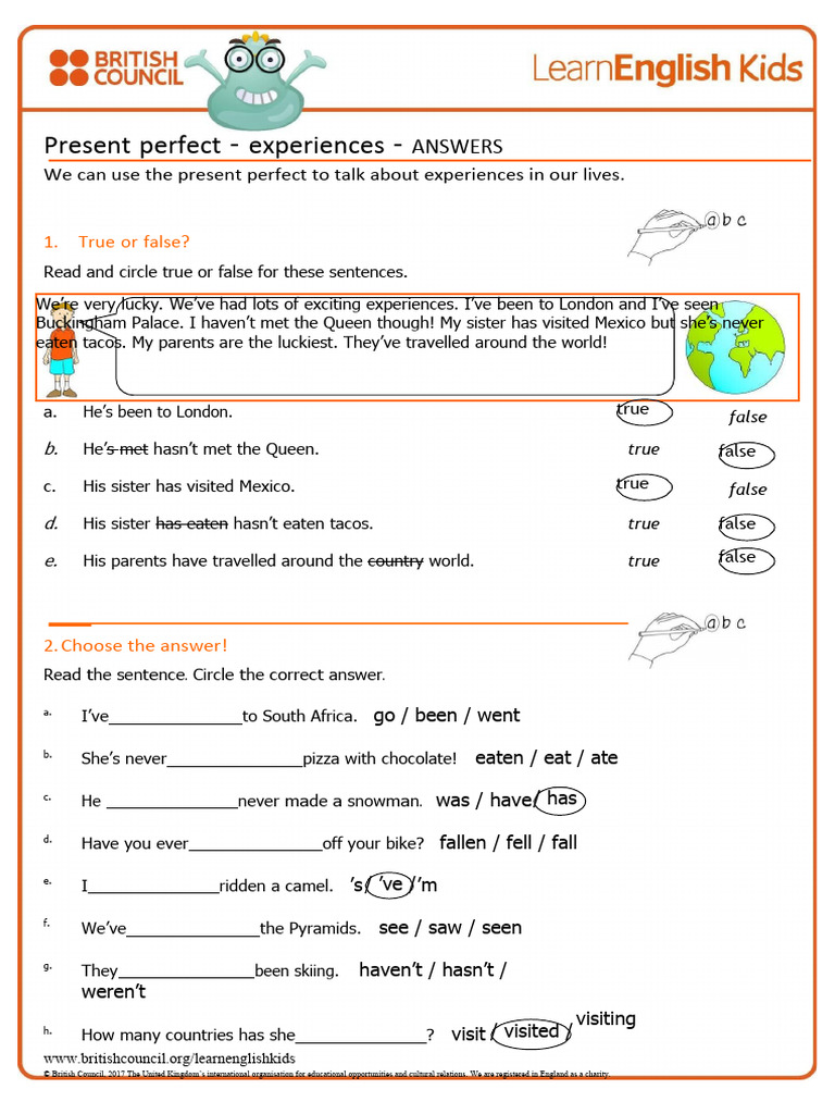 Grammar Practice Present Perfect Experiences Worksheet Answers | PDF