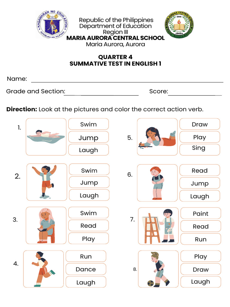 Grade 1 English Action Verbs Test | PDF