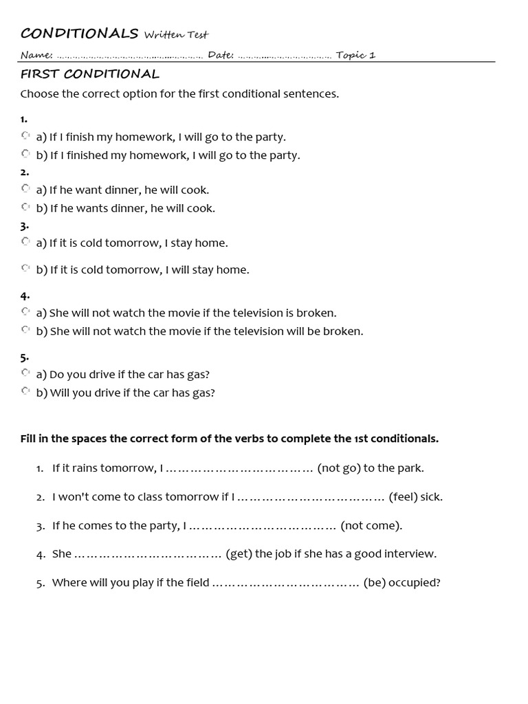 CONDITIONALS Written Test - Topic1 | PDF