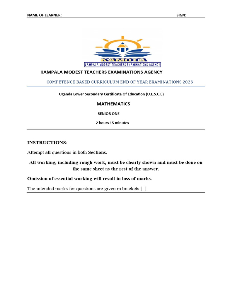 S1 Math Eot 3 Kamota 2023 | PDF