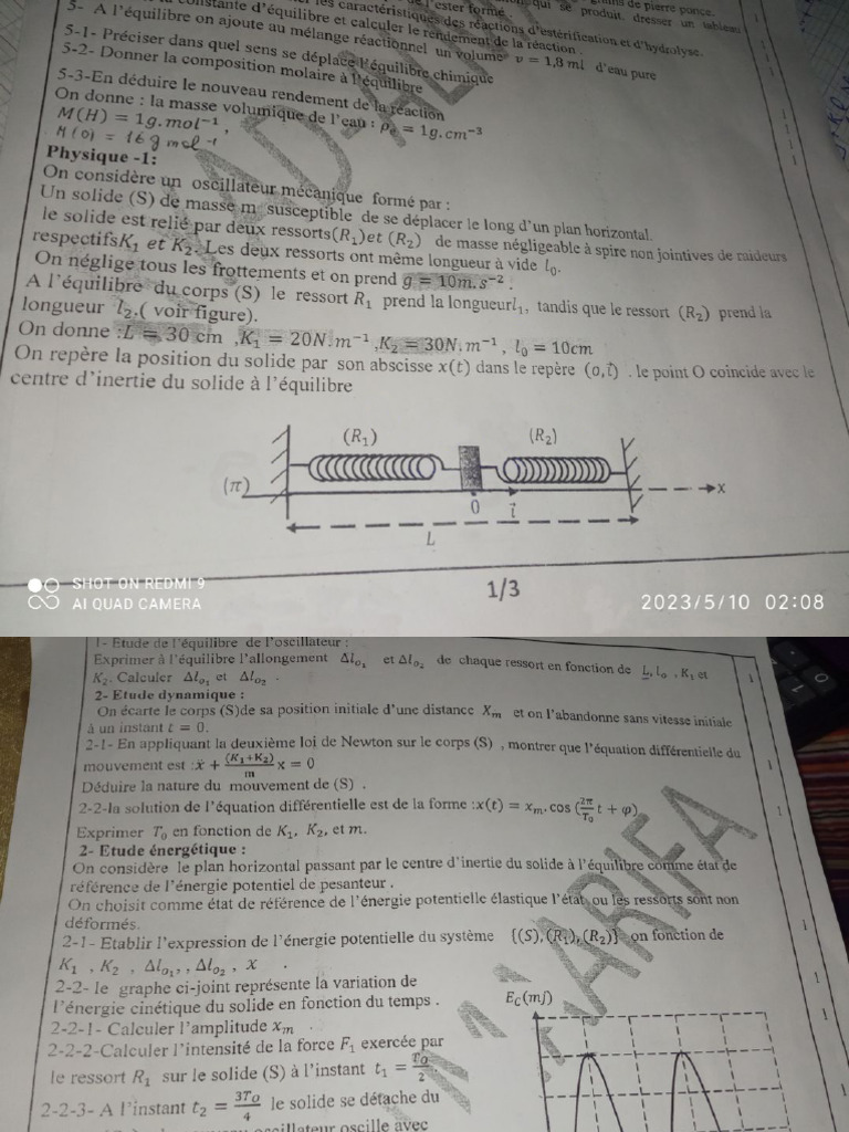 Pendule Élastique - Oscillateurs Mécaniques - Aspects Énergétiques - 2 Bac SM - (Exercice 5) | PDF