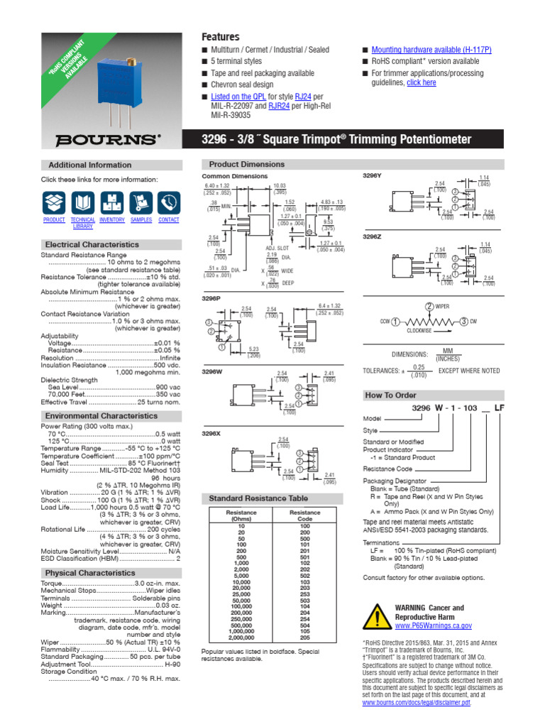 3296 - 3/8 Square Trimpot Trimming Potentiometer: Features | PDF ...