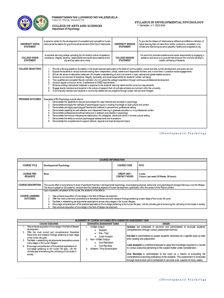 PSY5-Developmental Psychology Syllabus | PDF | Educational Assessment ...