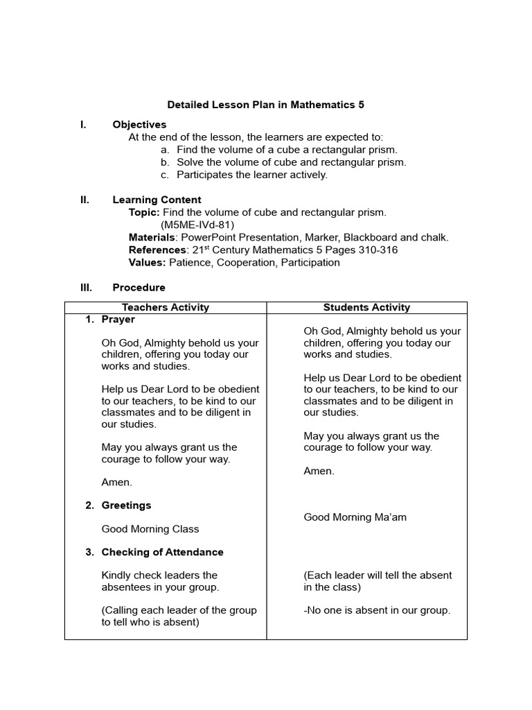 Detailed Lesson Plan in Mathematics 5 | PDF | Volume | Length