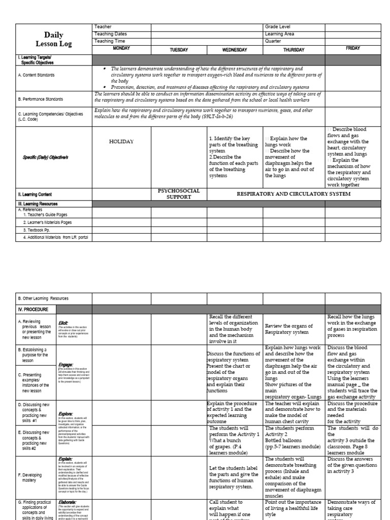 Daily: Lesson Log | Download Free PDF | Respiratory System | Learning
