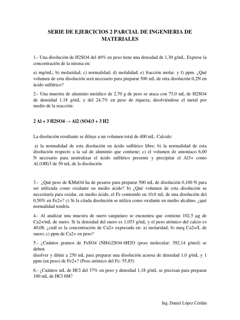 Serie de Ejercicios 2 Parcial de Ingenieria de Materiales | PDF | Concentración | Cloruro