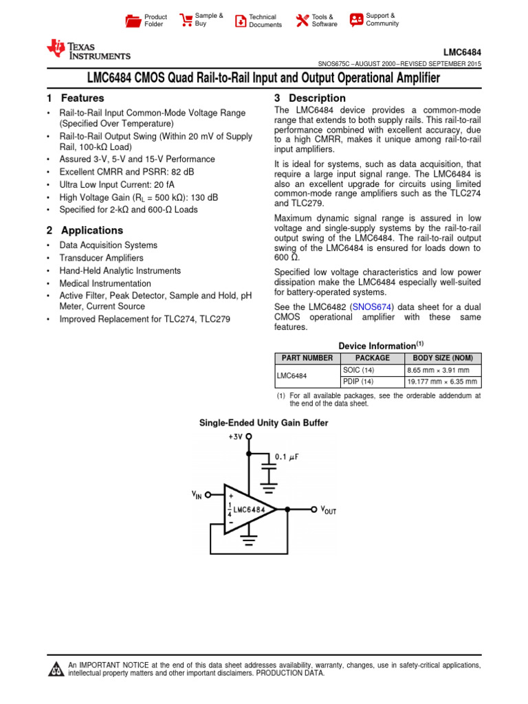 LMC 6484 | PDF | Amplifier | Operational Amplifier