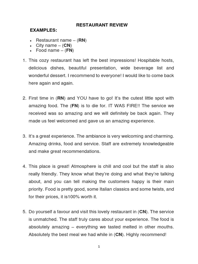 Restaurant Review Samples | Download Free PDF | Restaurants | Waiting Staff