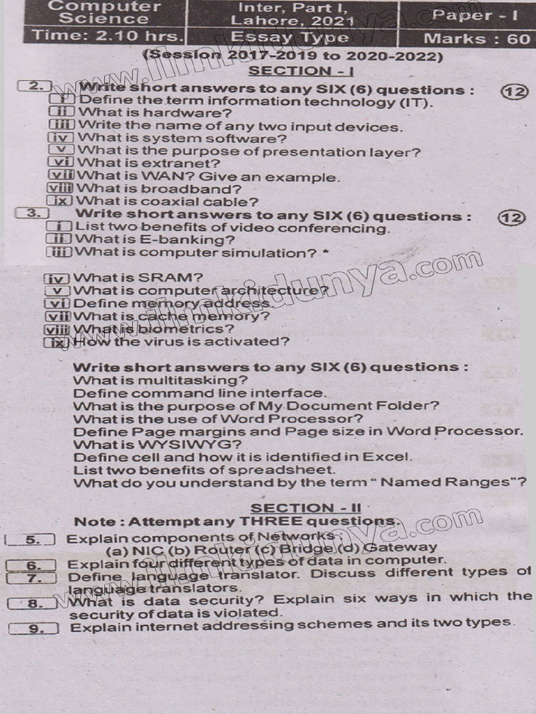 Past Papers 2021 Lahore Board Inter Part 1 Computer Science Group I ...