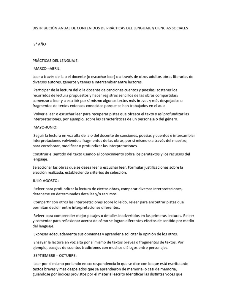 Distribución Anual de Contenidos de Prácticas Del Lenguaje y Ciencias ...