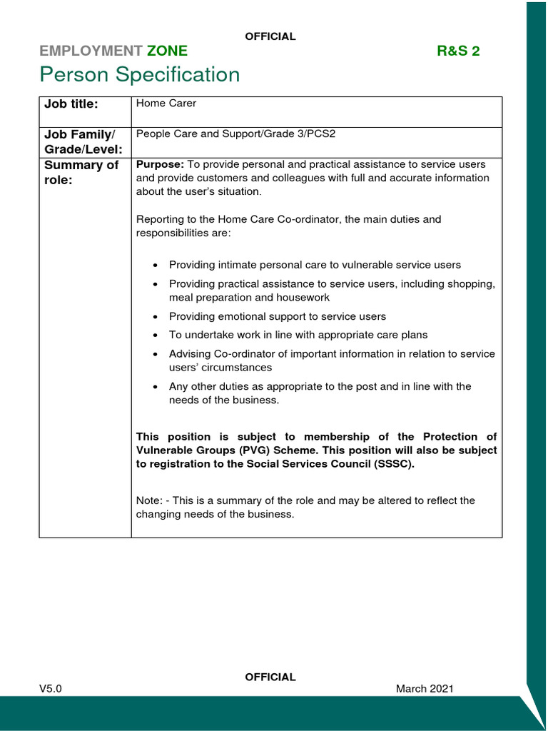 RS2 - Person Spec - Home Carer | PDF | Information | Cognition