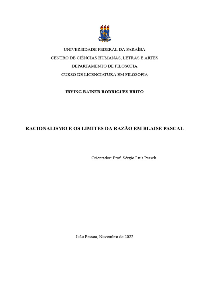 RACIONALISMO E OS LIMITES DA RAZÃO EM BLAISE PASCAL-Irving-TCC-final ...