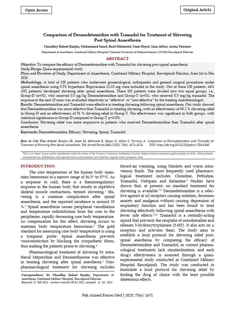 Dex Vs Tramadol Post Spinal Shivering | PDF | Anesthesia | Health Care