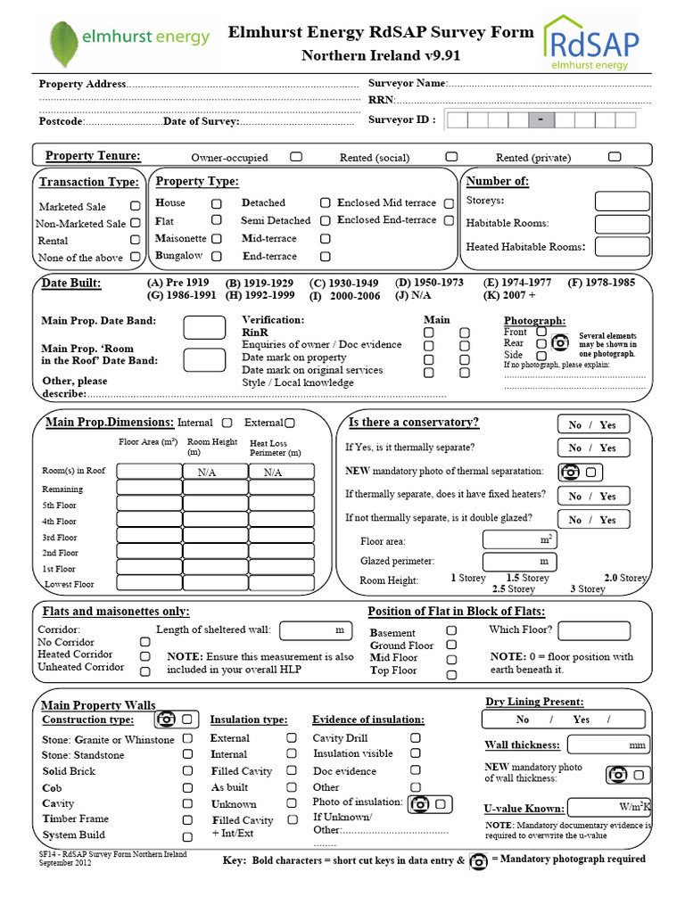 Elmhurst Energy Rdsap Survey Form: Northern Ireland V9.91 | PDF | Water ...