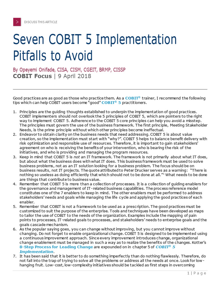 COBIT Focus Seven COBIT 5 Implementation Pitfalls To Avoid NLT Eng 0418 | PDF | Goal | Governance