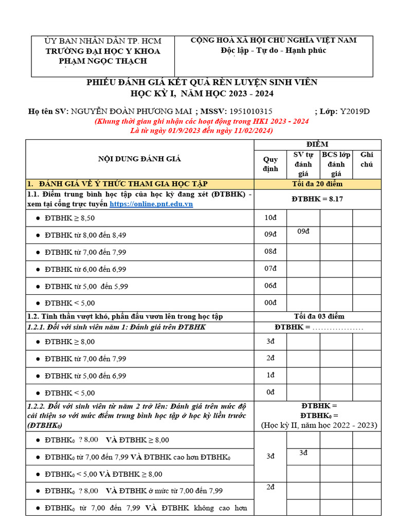 Phieu Danh Gia KQRL SV Hki 2023 2024 | PDF
