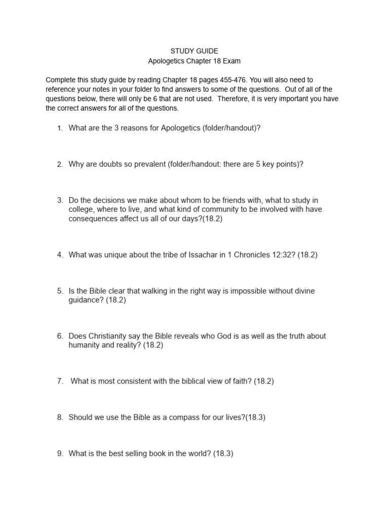 Student's STUDY GUIDE Apologetics Chapter 18 Exam - 2023-2024 | PDF ...