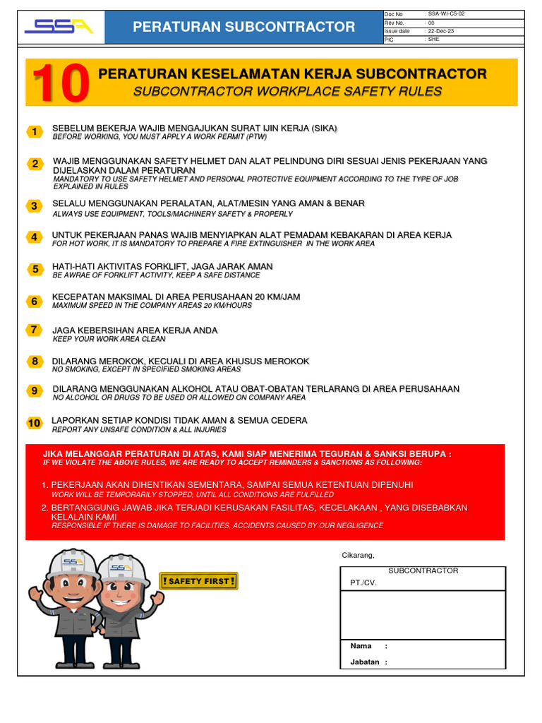 Subcontractor Safety Rules and Regulations | PDF | Safety ...