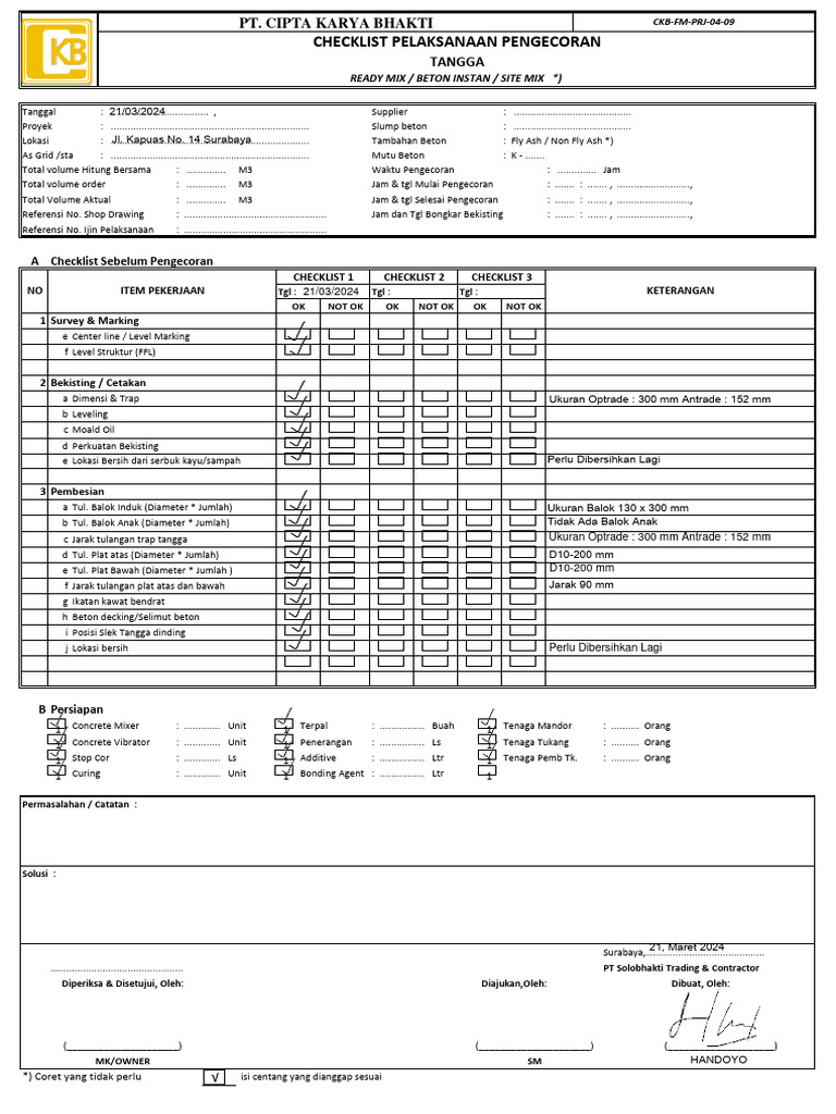 CKB FM PRJ 04 09 Checklist Inspeksi Pekerjaan (Tangga) | PDF