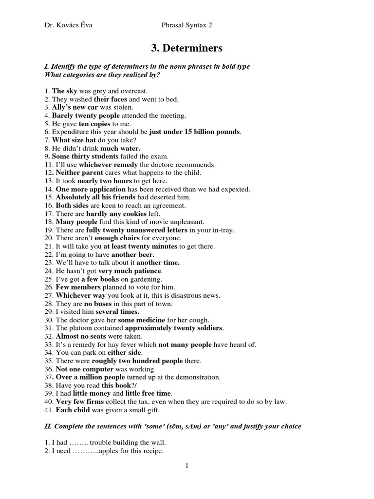 English Syntax 2 Seminar 3 Determiners | PDF