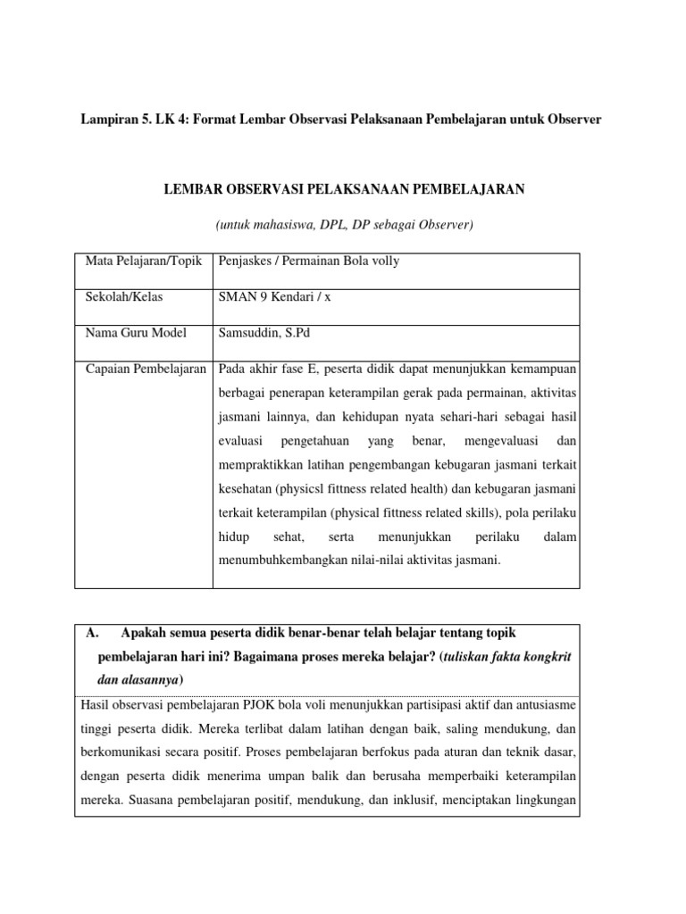 01.05.6-B3-4 Unggah LK 4 - Lembar Observasi Pembelajaran Pada Pembelajaran Ke-1 | PDF