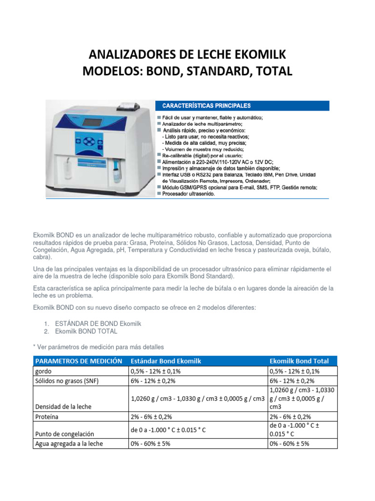 Analizadores de Leche Ekomilk Modelos Bond Standard Total | PDF | Leche