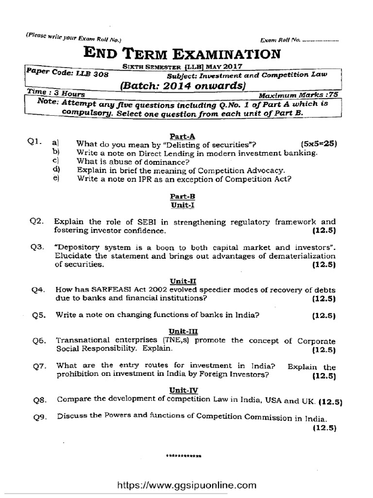 LLB 6 Sem Investment and Competition Law LLB 308 May 2017 | PDF