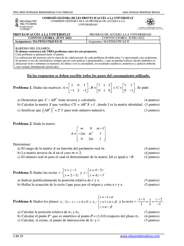 PAU 2022 Matemáticas II Valencia | PDF | Determinante | Triángulo