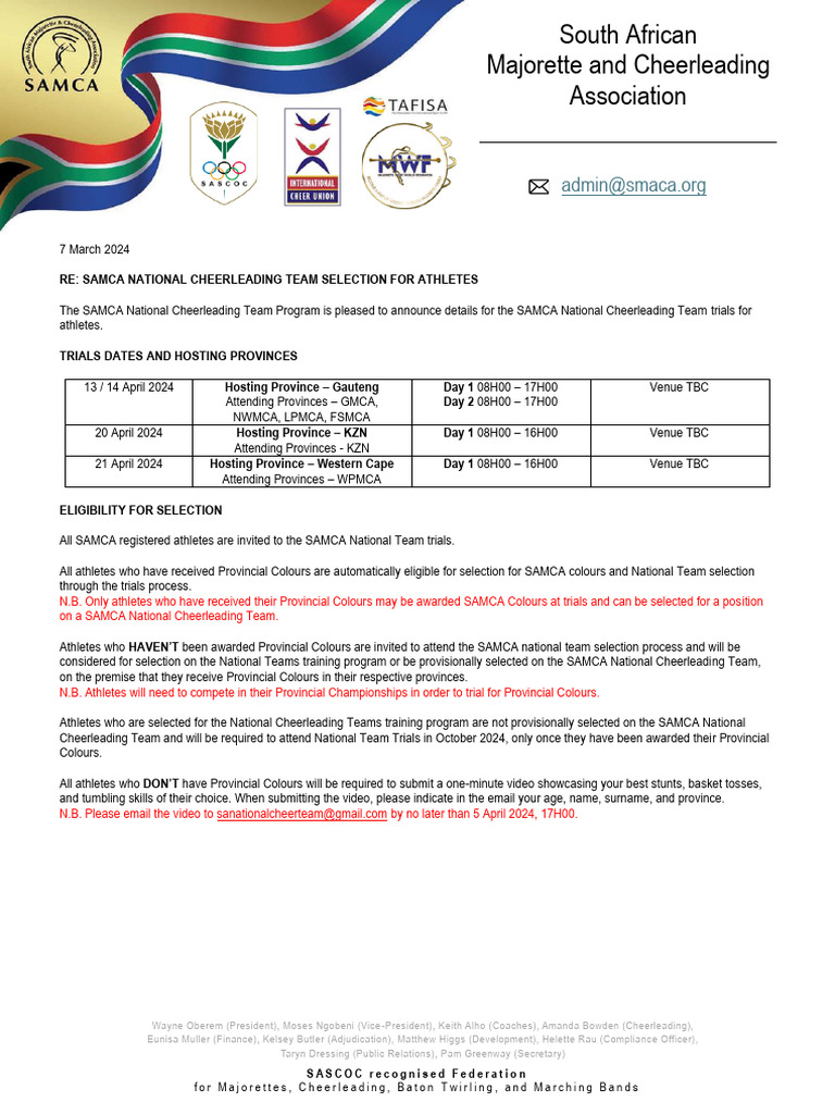 SAMCA National Cheerleading Trials 2024 | PDF | Cheerleading | Gymnastics